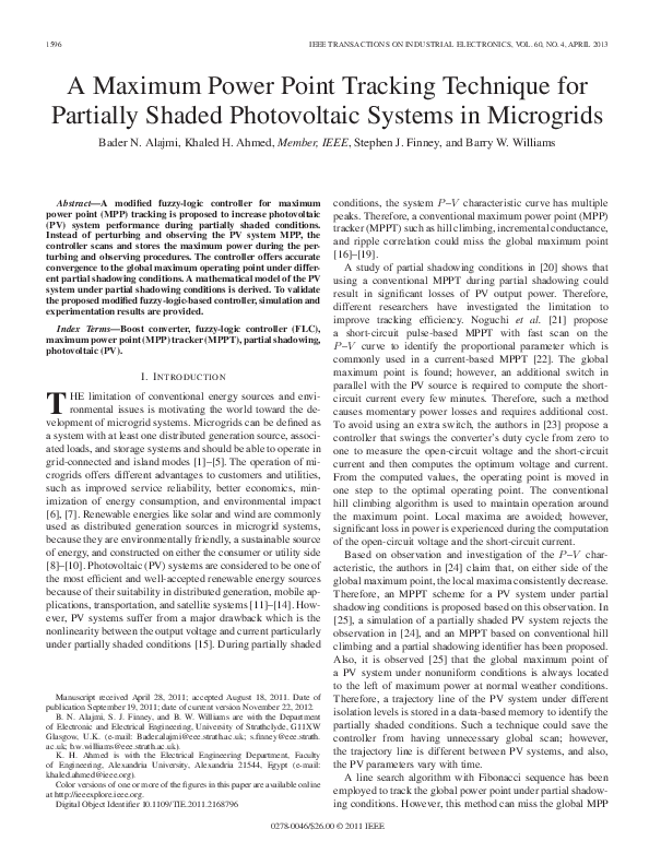 (PDF) A Maximum Power Point Tracking Technique for Partially Shaded Photovoltaic Systems in ...