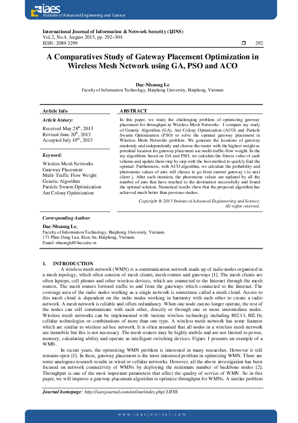 (PDF) A Comparatives Study of Gateway Placement Optimization in Wireless Mesh Network using GA ...