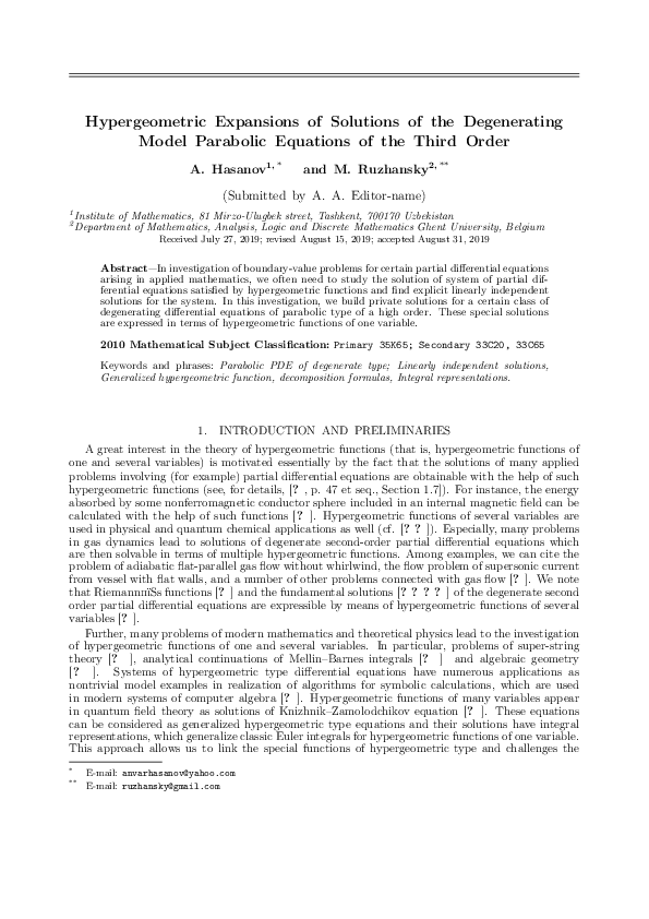 Pdf Hypergeometric Expansions Of Solutions Of The Degenerating Model Parabolic Equations Of