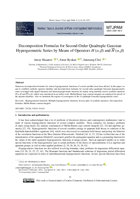 (PDF) Decomposition Formulas for Second-Order Quadruple Gaussian Hypergeometric Series by Means ...