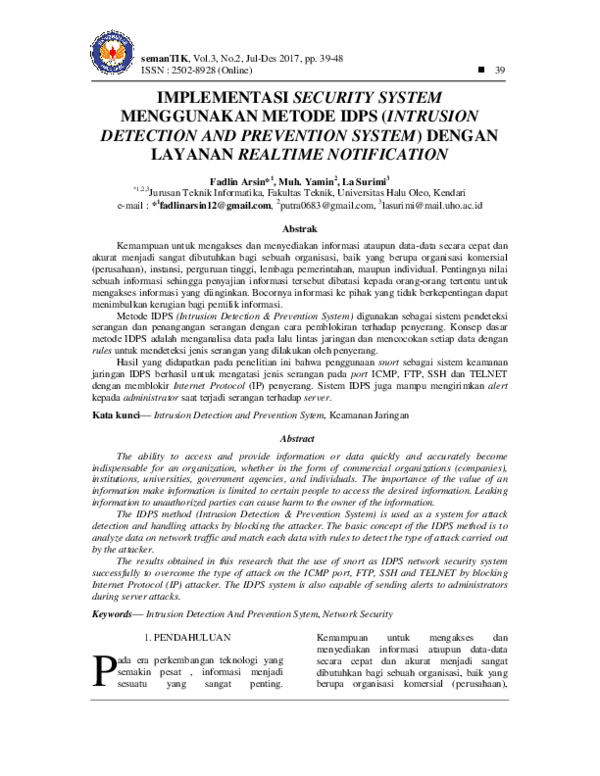 Pdf Implementasi Security System Menggunakan Metode Idps Intrusion