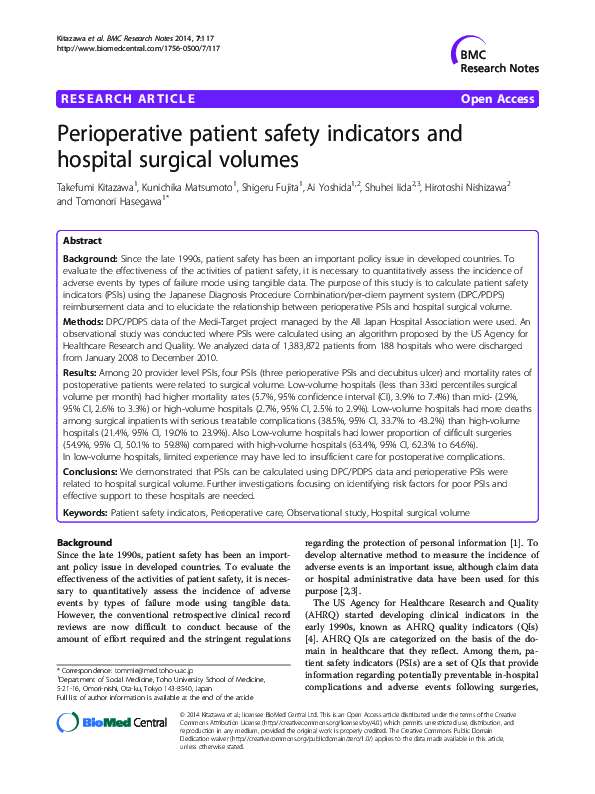 (PDF) Perioperative patient safety indicators and hospital surgical volumes | Tomonori Hasegawa ...