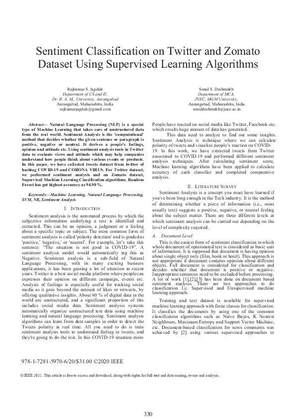 Pdf Sentiment Classification On Twitter And Zomato Dataset Using Supervised Learning