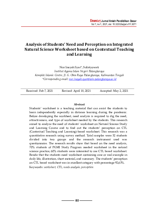 (PDF) Analysis of Students’ Need and Perception on Integrated Natural Science Worksheet based on ...