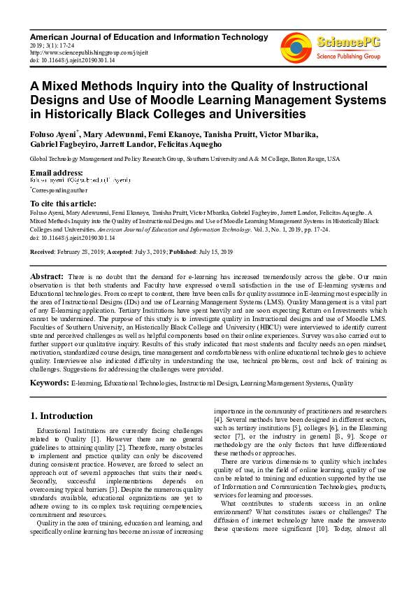 Pdf A Mixed Methods Inquiry Into The Quality Of Instructional Designs And Use Of Moodle