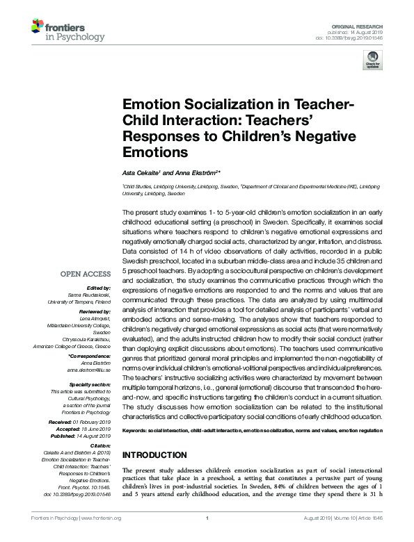 (PDF) Emotion Socialization in Teacher-Child Interaction: Teachers ...