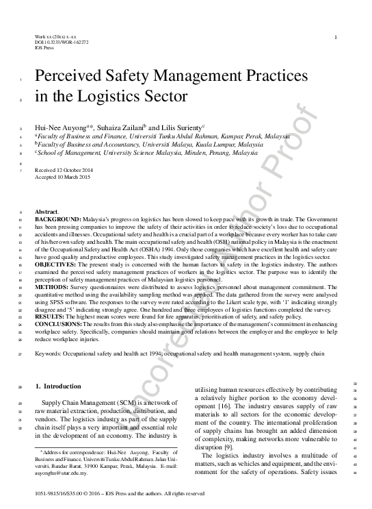 (PDF) Perceived Safety Management Practices in the Logistics Sector