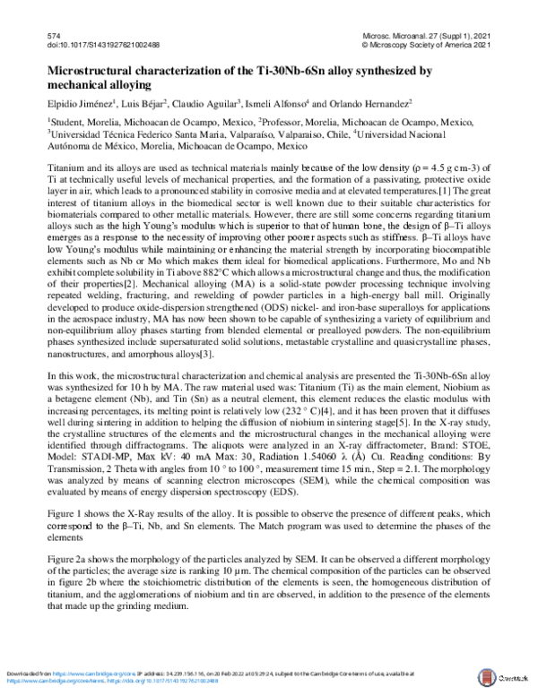 (PDF) Microstructural characterization of the Ti-30Nb-6Sn alloy synthesized by mechanical alloying