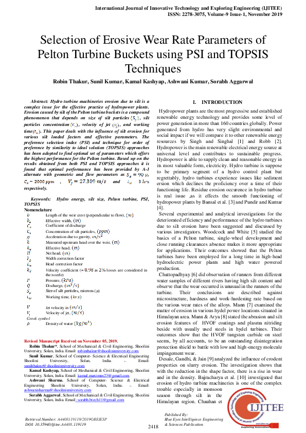 (PDF) Selection of Erosive Wear Rate Parameters of Pelton Turbine ...