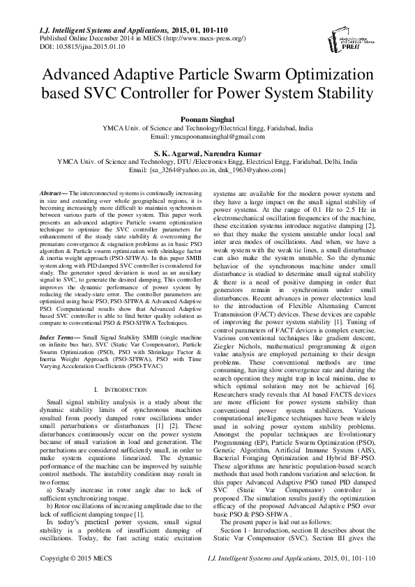 Pdf Advanced Adaptive Particle Swarm Optimization Based Svc