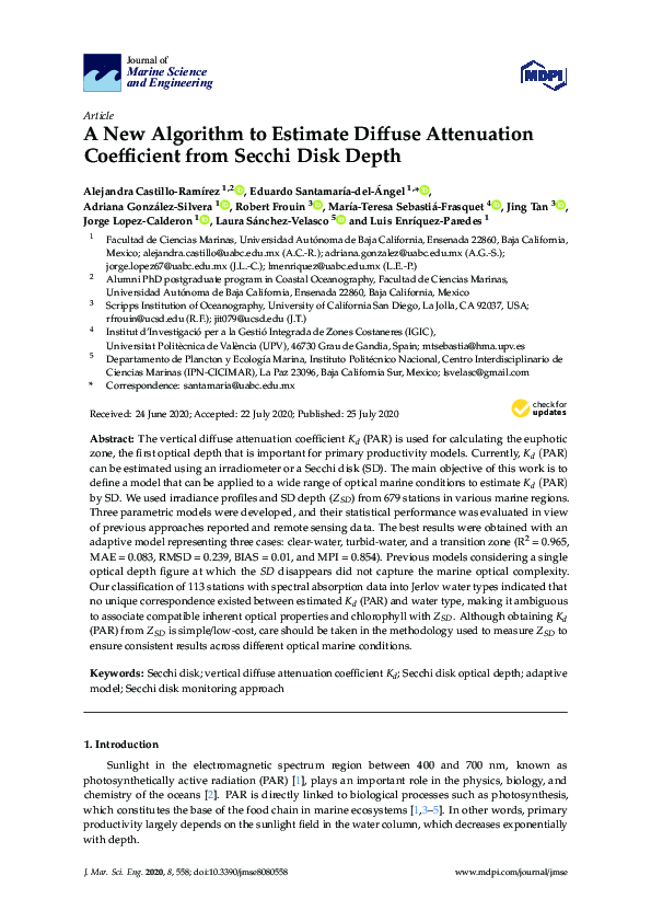 Pdf A New Algorithm To Estimate Diffuse Attenuation Coefficient From Secchi Disk Depth