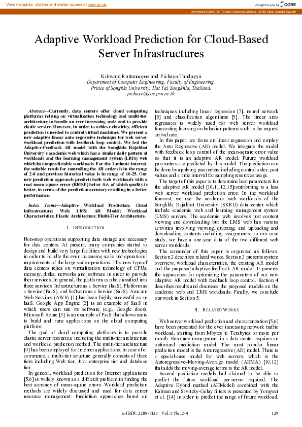 Pdf Adaptive Workload Prediction For Cloud Based Server Infrastructures Kritwara Rattanaopas