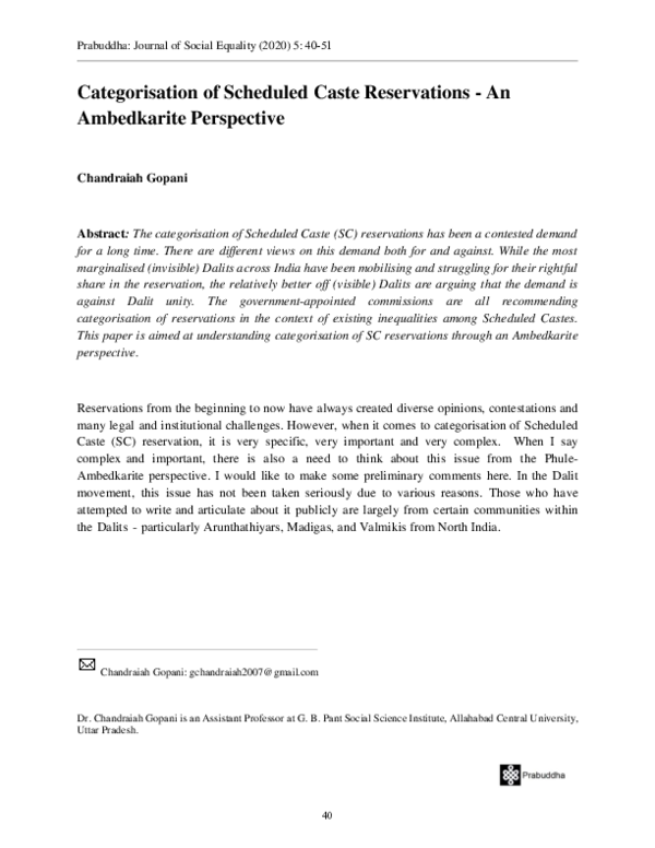 (PDF) Categorisation of Scheduled Caste Reservations - An Ambedkarite ...