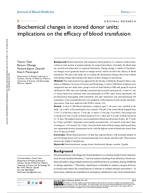 (PDF) Biochemical changes in stored donor units: implications on the ...