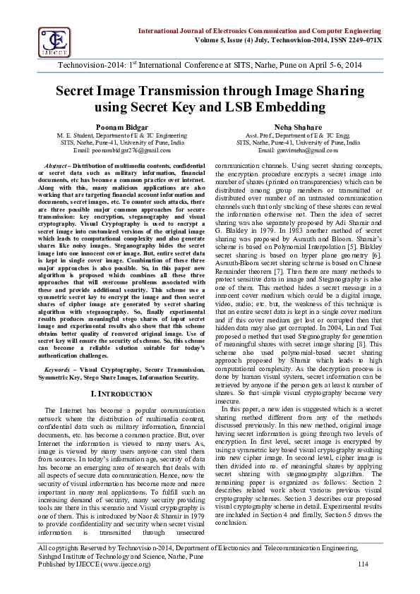 (PDF) Secret Image Transmission through Image Sharing using Secret Key and LSB Embedding