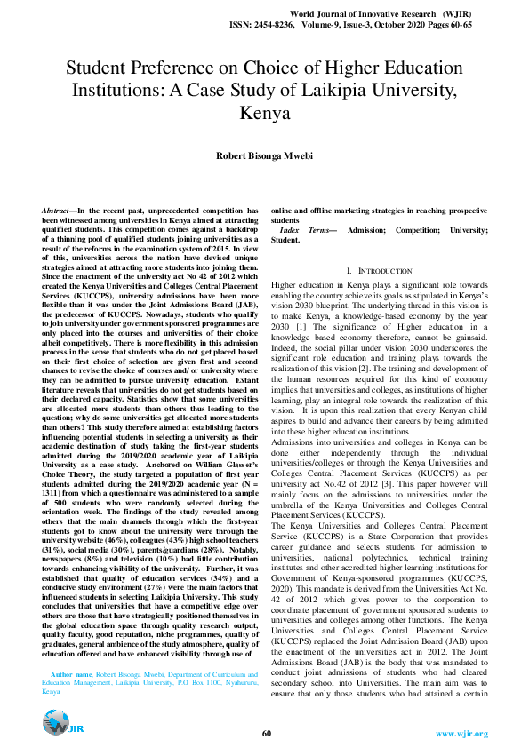 (PDF) Student Preference on Choice of Higher Education Institutions: A ...