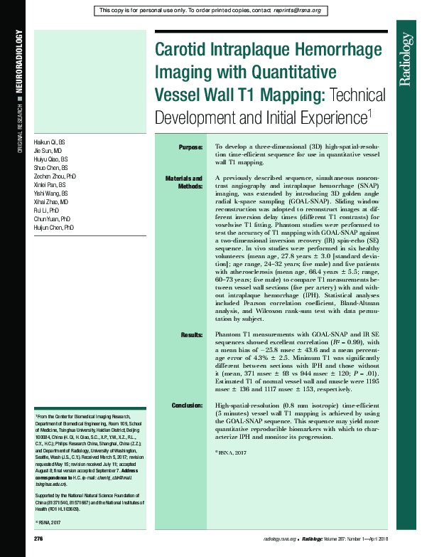 (PDF) Carotid Intraplaque Hemorrhage Imaging with Quantitative Vessel Wall T1 Mapping: Technical ...