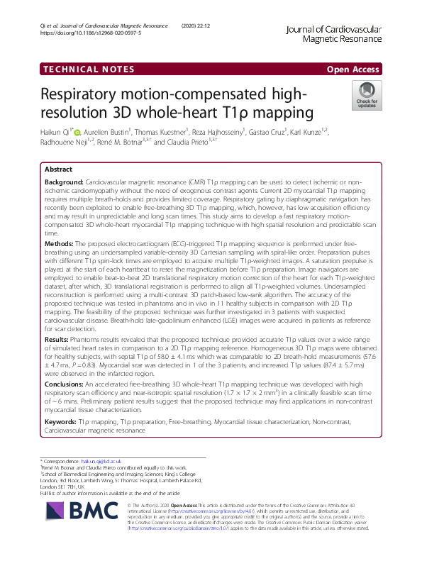 (PDF) Respiratory motion-compensated high-resolution 3D whole-heart T1ρ mapping