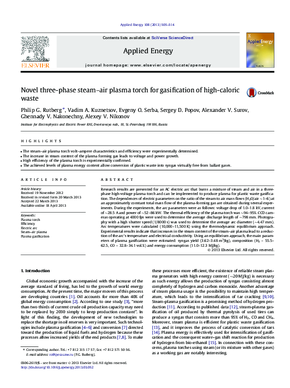 (PDF) Novel three-phase steam–air plasma torch for gasification of high ...