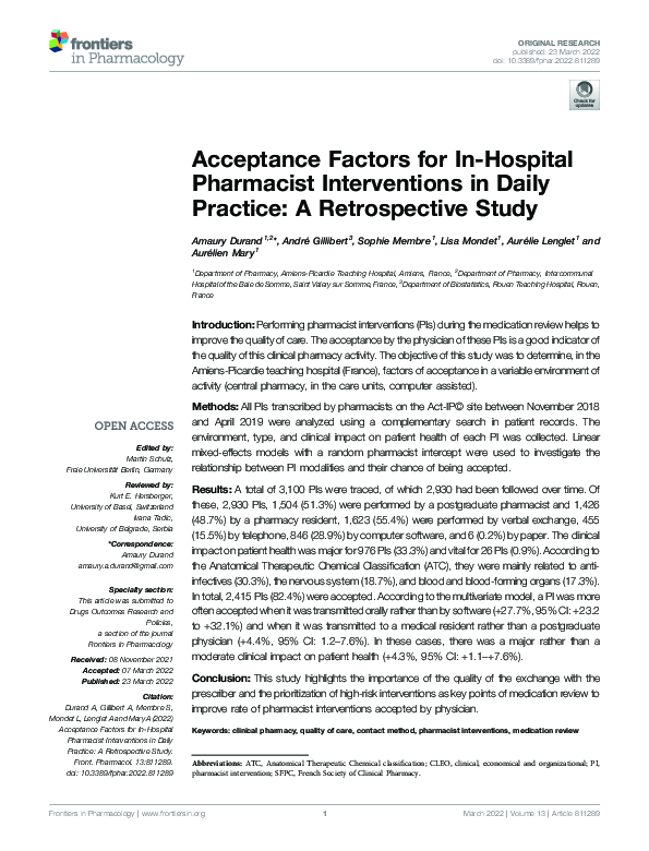 (PDF) Acceptance Factors for In-Hospital Pharmacist Interventions in ...