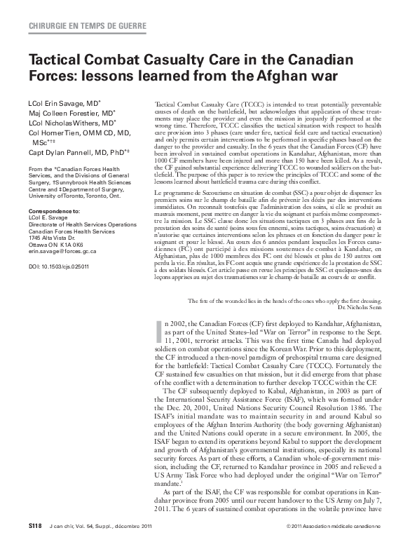 (PDF) Tactical Combat Casualty Care in the Canadian Forces: lessons ...