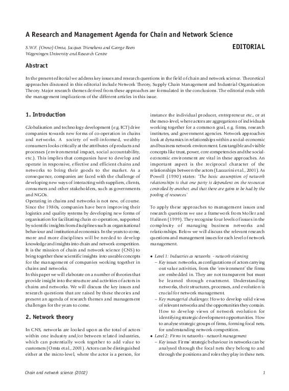 (PDF) A Research and Management Agenda for Chain and Network Science
