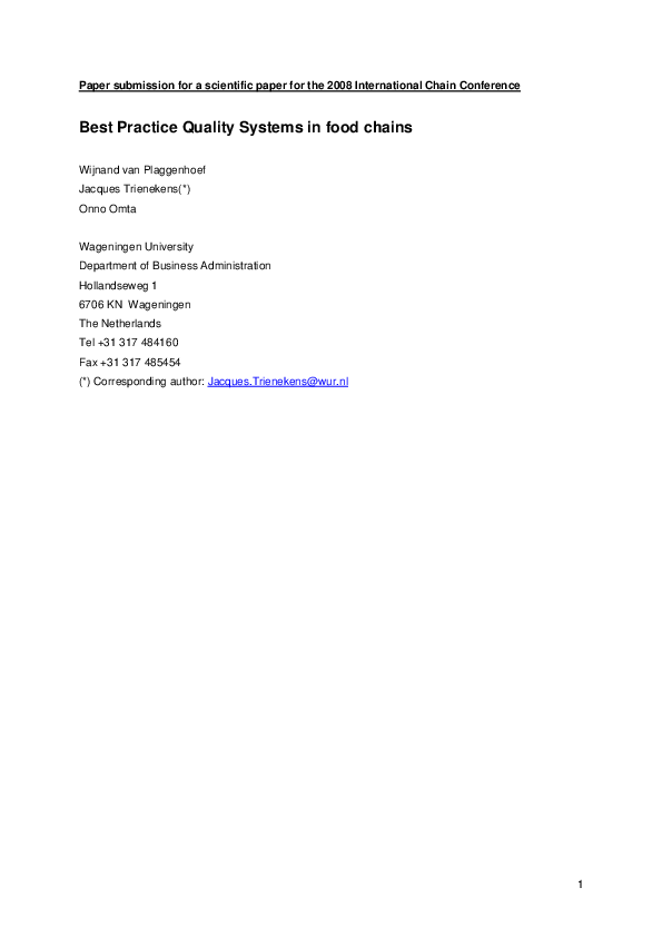 (PDF) Best practice quality systems in food chains