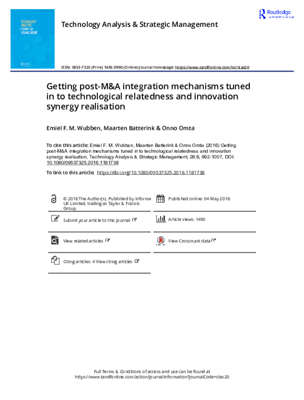 (PDF) Getting post-M&A integration mechanisms tuned in to technological ...