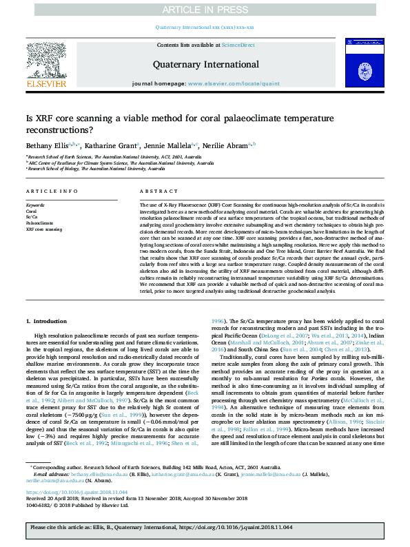 (PDF) XRF Core Scanning for Coral Palaeoclimate Temperature Analysis