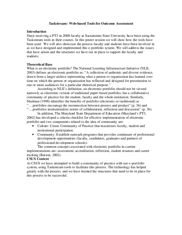 (PDF) Taskstream: Web-based Tools for Outcome Assessment | Janet Hecsh - Academia.edu