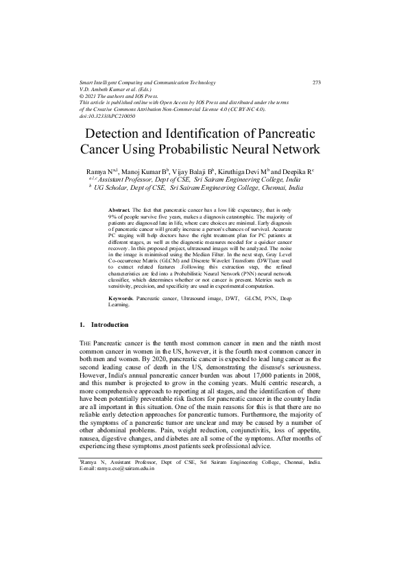 Pdf Detection And Identification Of Pancreatic Cancer Using