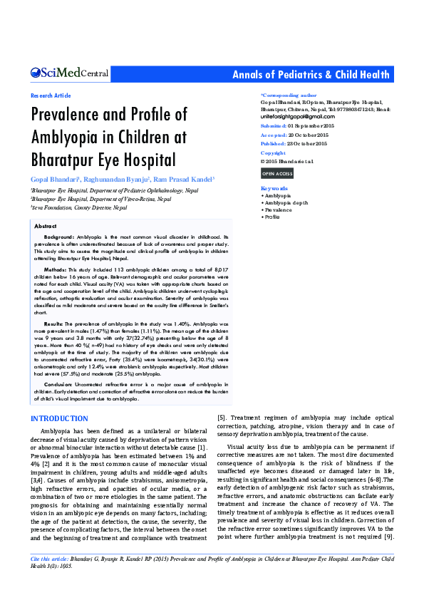 (PDF) Prevalence and Profile of Amblyopia in Children at Bharatpur Eye Hospital