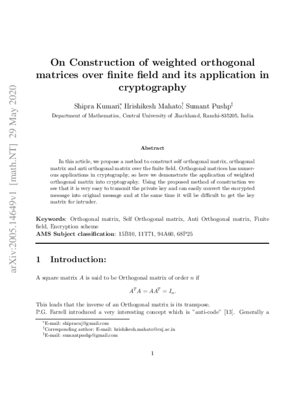 (PDF) On Construction of Weighted Orthogonal Matrices over Finite Field and its Application in ...