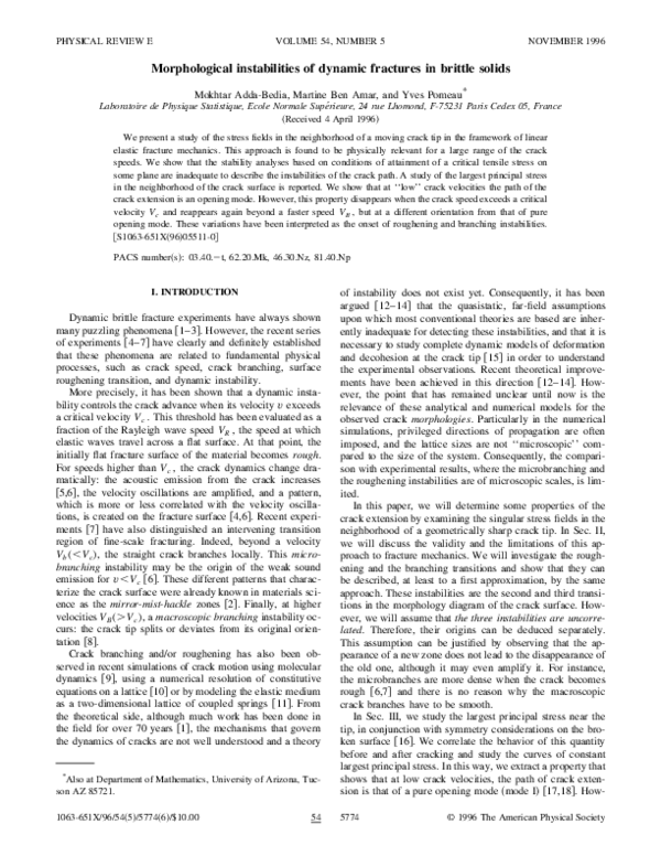 (PDF) Morphological instabilities of dynamic fractures in brittle solids