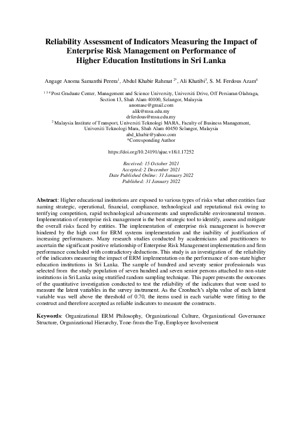 (PDF) Reliability Assessment of Indicators Measuring the Impact of Enterprise Risk Management on ...