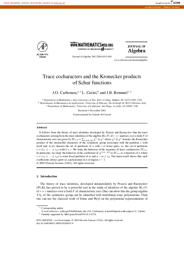(PDF) Trace cocharacters and the Kronecker products of Schur functions | Luisa Carini - Academia.edu