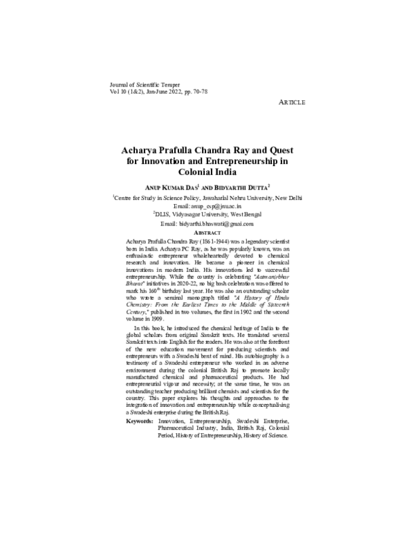 (PDF) Acharya Prafulla Chandra Ray and Quest for Innovation and ...