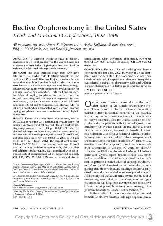 (PDF) Elective Oophorectomy in the United States