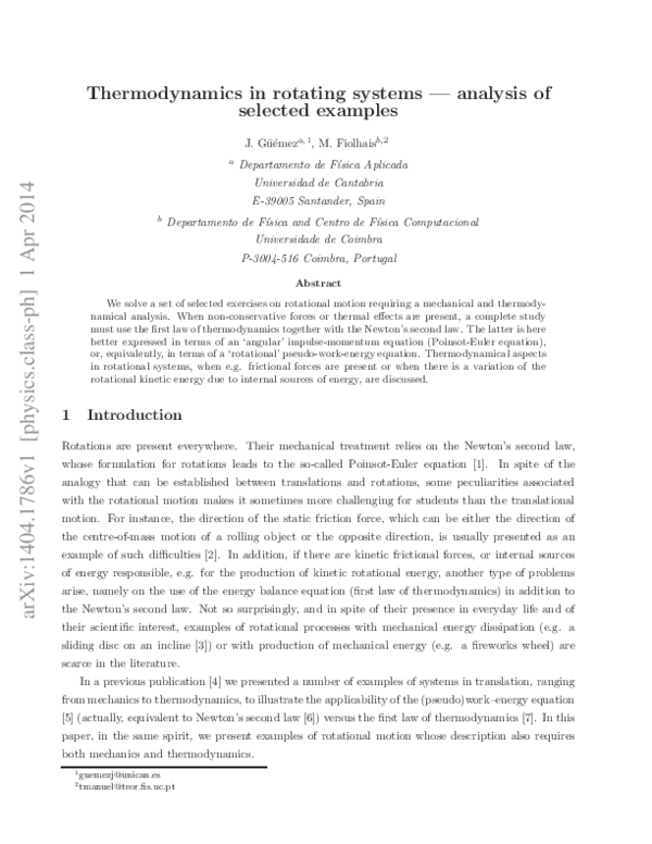 (PDF) Thermodynamics in rotating systems—analysis of selected examples
