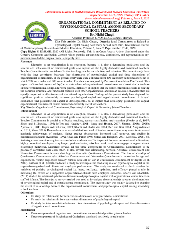 (PDF) Organizational Commitment as Related to Psychological Capital Among Secondary School Teachers