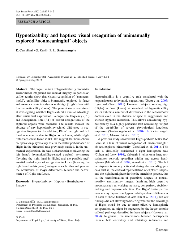 (PDF) Hypnotizability and haptics: visual recognition of unimanually ...