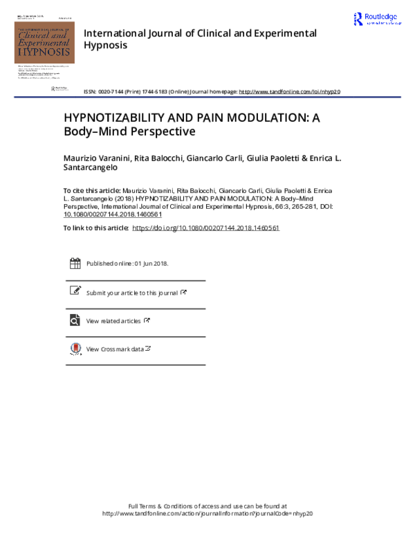 (PDF) HYPNOTIZABILITY AND PAIN MODULATION: A Body-Mind Perspective