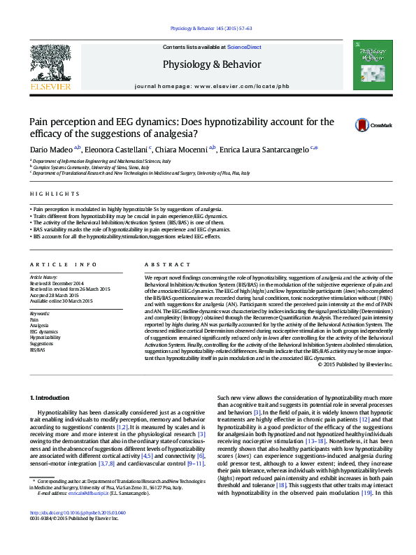 (PDF) Pain perception and EEG dynamics: Does hypnotizability account for the efficacy of the ...