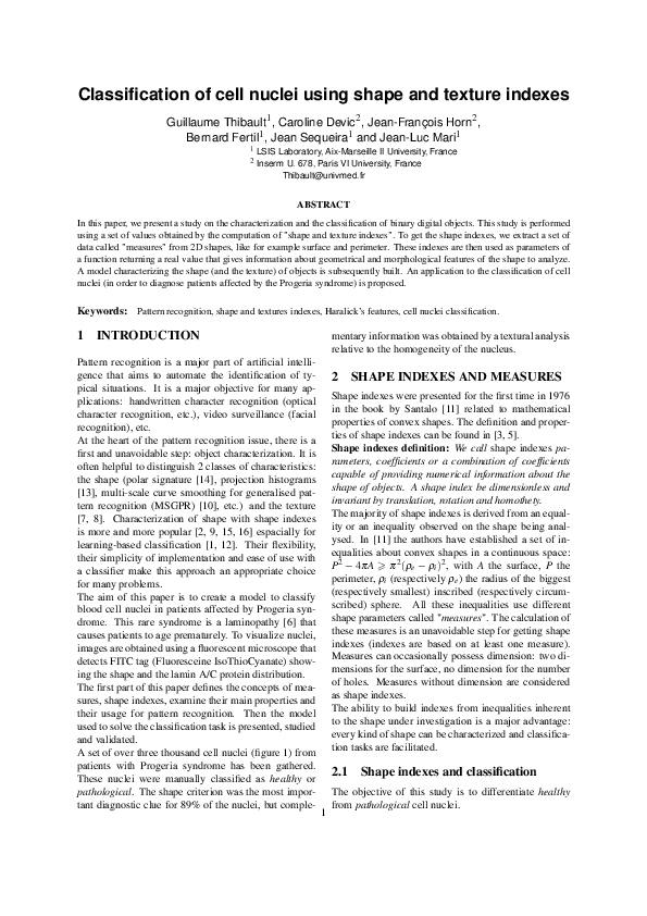 Pdf Classification Of Cell Nuclei Using Shape And Texture Indexes