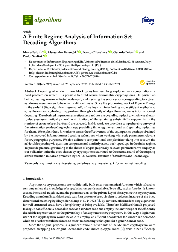 Pdf A Finite Regime Analysis Of Information Set Decoding Algorithms Franco Chiaraluce