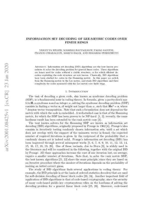 (PDF) Information set decoding of Lee-metric codes over finite rings