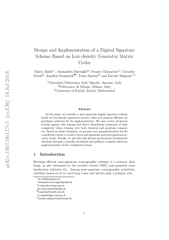 Pdf Design And Implementation Of A Digital Signature Scheme Based On Low Density Generator