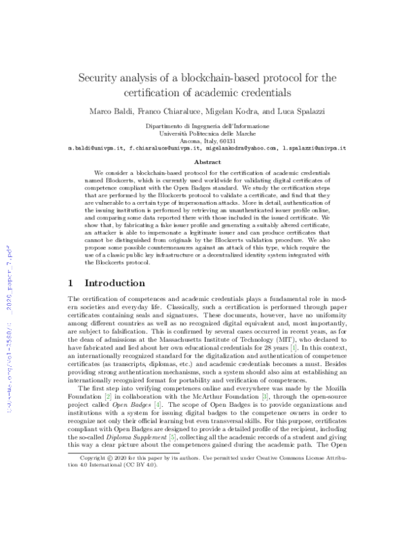 (PDF) Security Analysis of a Blockchain-based Protocol for the Certification of Academic Credentials
