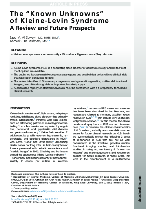 (PDF) The “Known Unknowns” of Kleine-Levin Syndrome | Ahmed S BaHammam ...