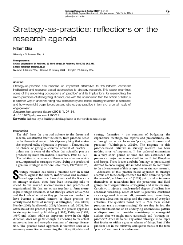 (PDF) Strategy-as-practice: reflections on the research agenda